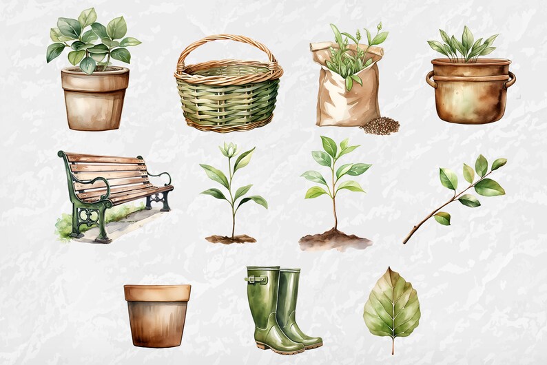 Garden Watercolor Clipart, Gardening, Herb Garden, Potted Plants - Etsy