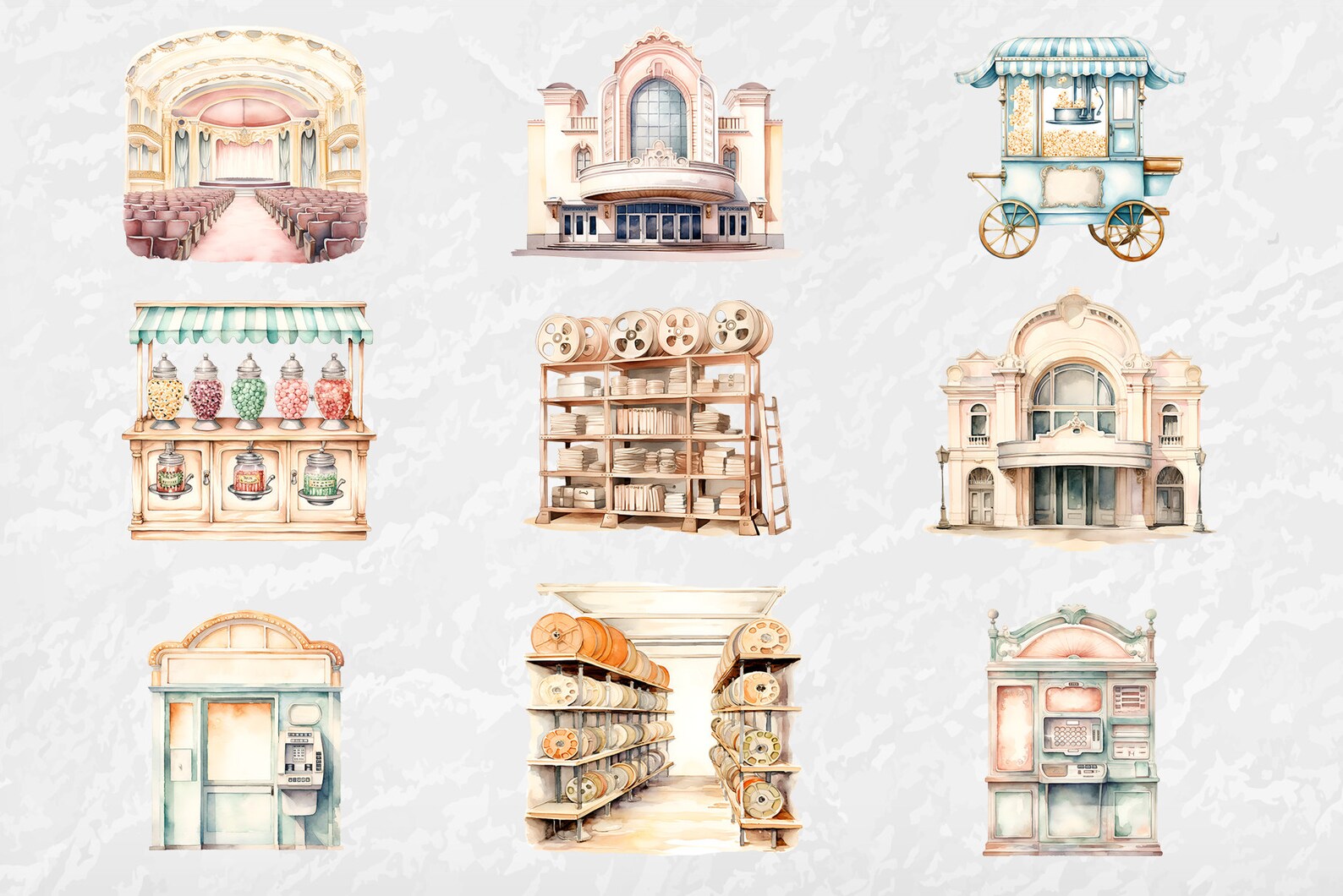 Cinema Watercolor Clipart, Movie, Film, Popcorn, Theater, Hollywood ...