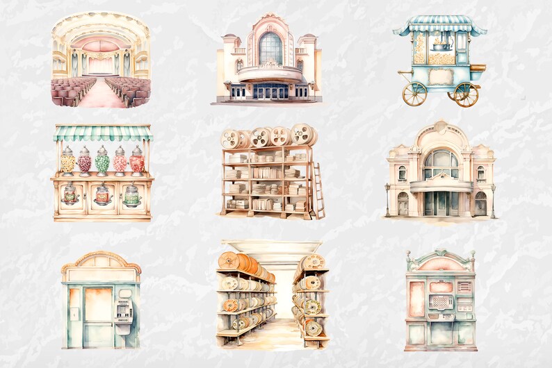 Cinema Watercolor Clipart, Movie, Film, Popcorn, Theater, Hollywood ...