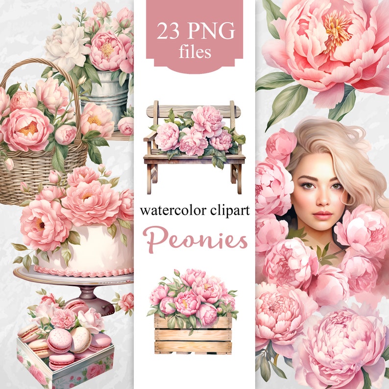 Peonies Flowers Watercolor Clipart, Summer Flowers Clipart, Bouquet of ...