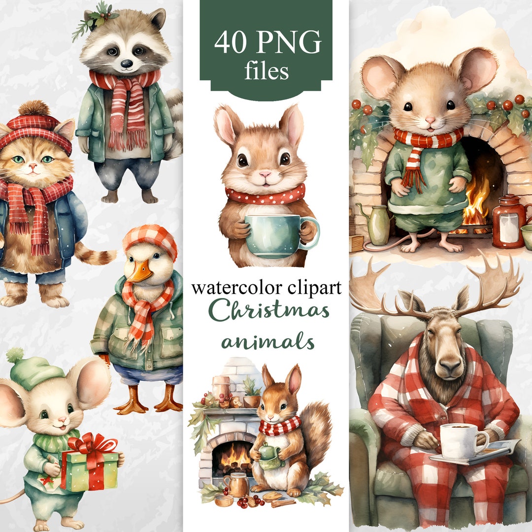 Christmas Animals Watercolor Clipart, Winter, Forest, Watercolor ...