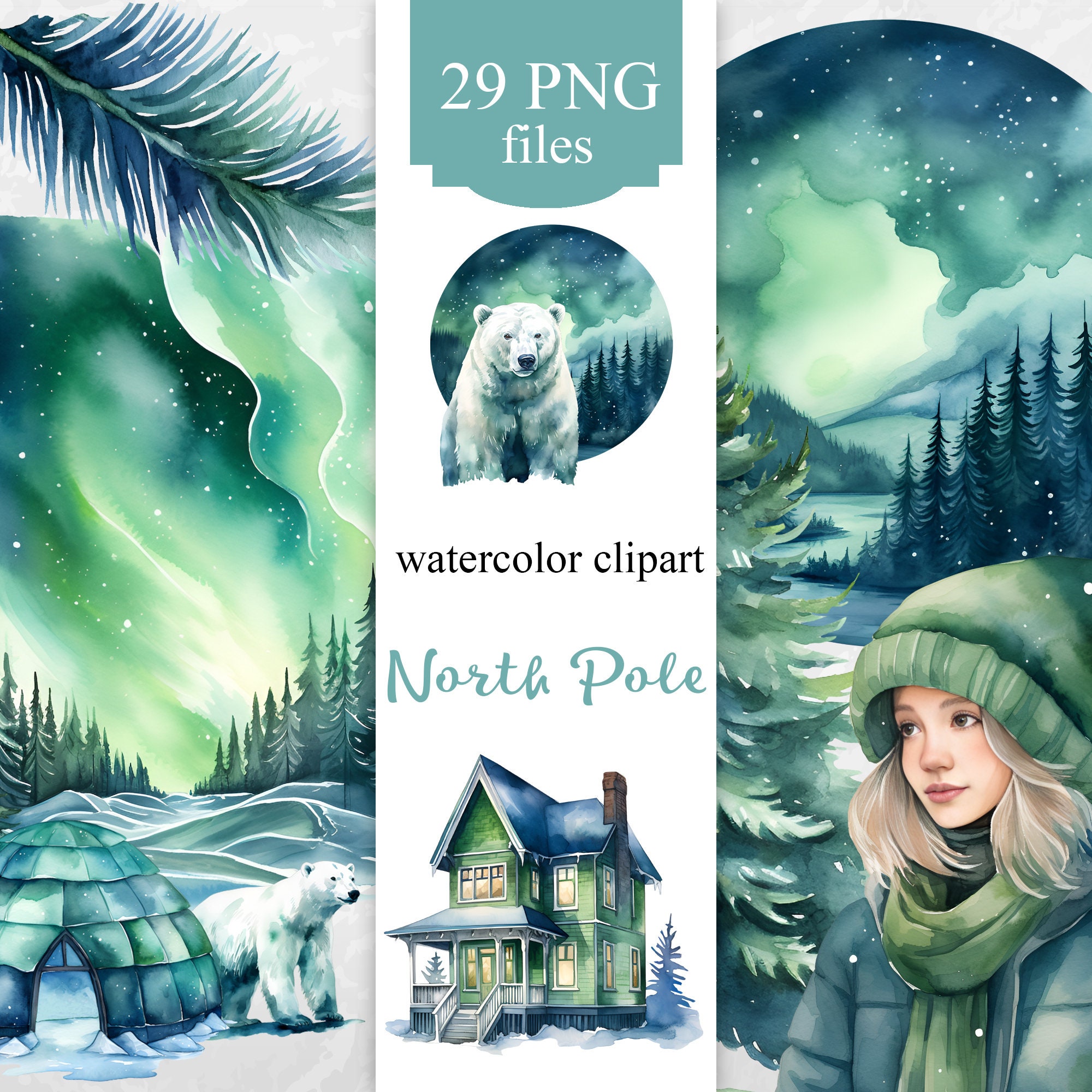North Pole Watercolor Clipart, Winter Wonderland, Arctic Animals ...