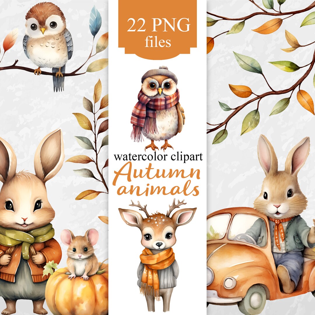 Autumn Animals Watercolor Clipart, Cute Baby Animals, Watercolor ...
