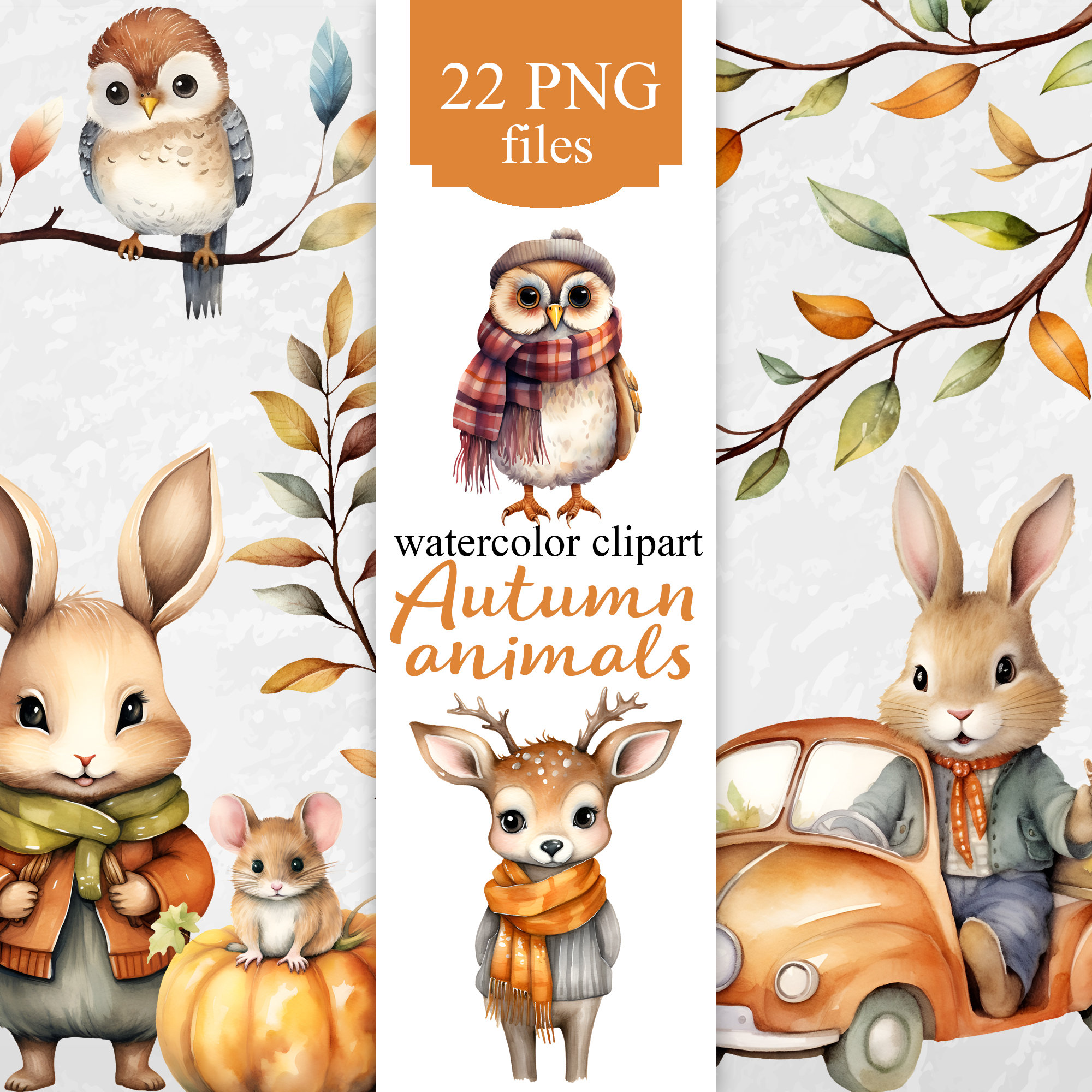 Autumn Animals Watercolor Clipart, Cute Baby Animals, Watercolor ...