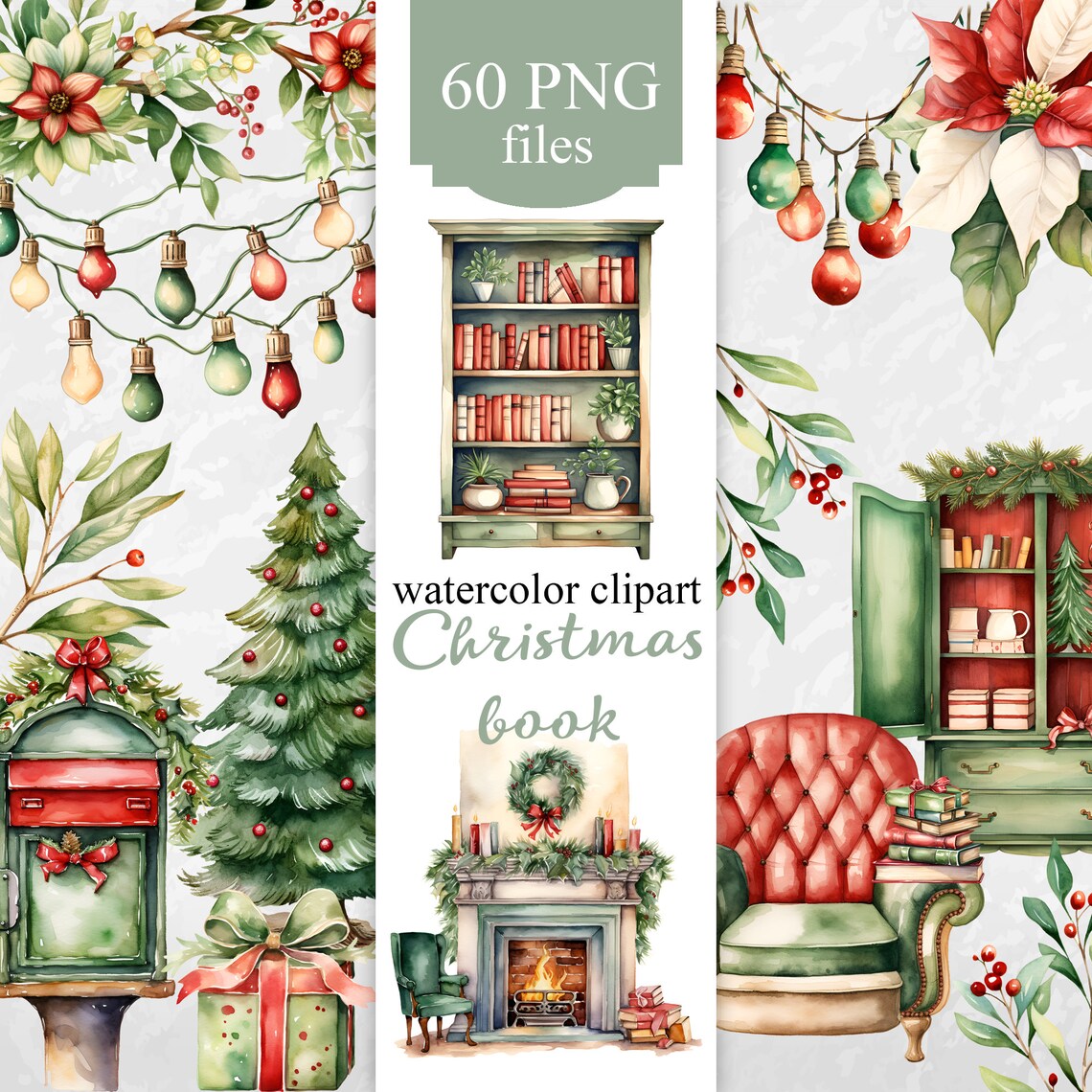 Christmas With Books Watercolor Clipart, Stack of Books, Reading ...