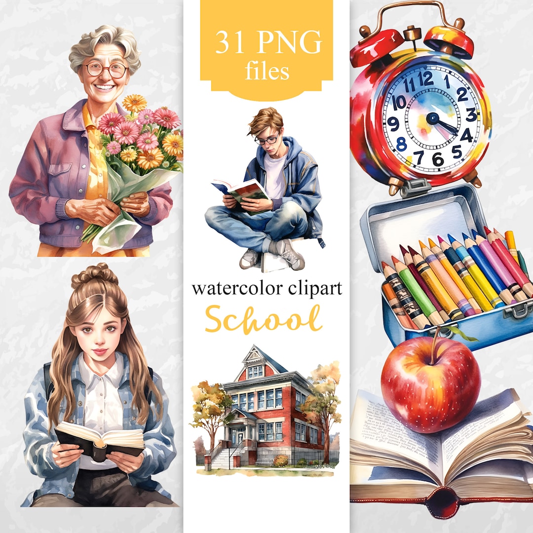 School Watercolor Clipart Set, Autumn Illustration, Student, Education ...