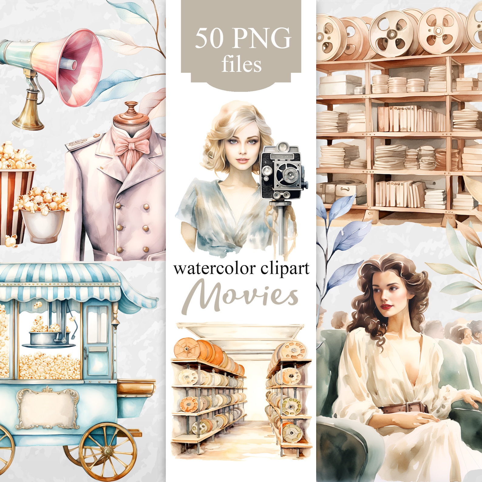 Cinema Watercolor Clipart, Movie, Film, Popcorn, Theater, Hollywood ...