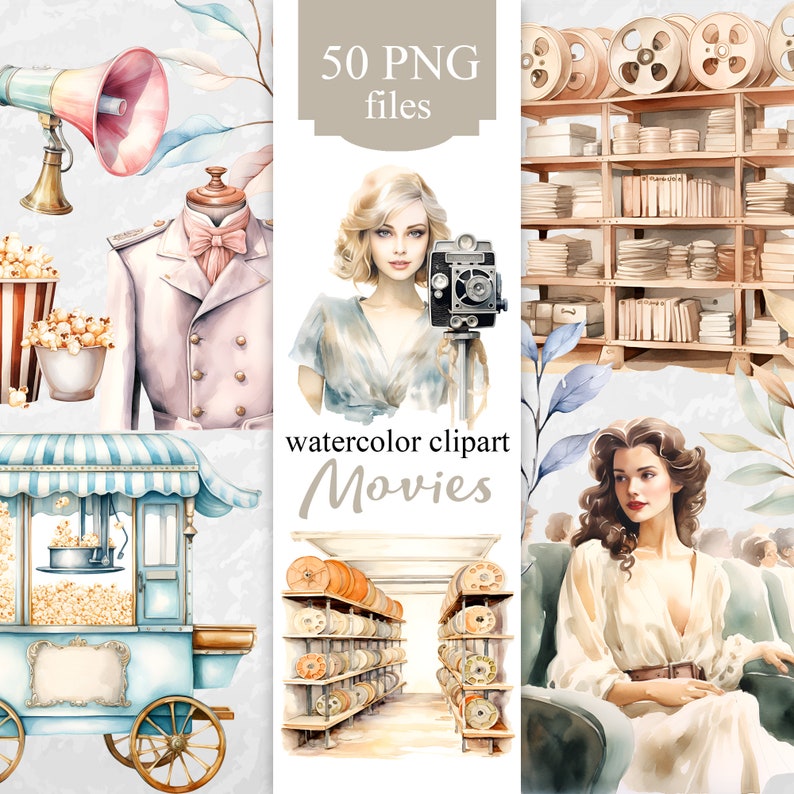Cinema Watercolor Clipart, Movie, Film, Popcorn, Theater, Hollywood ...