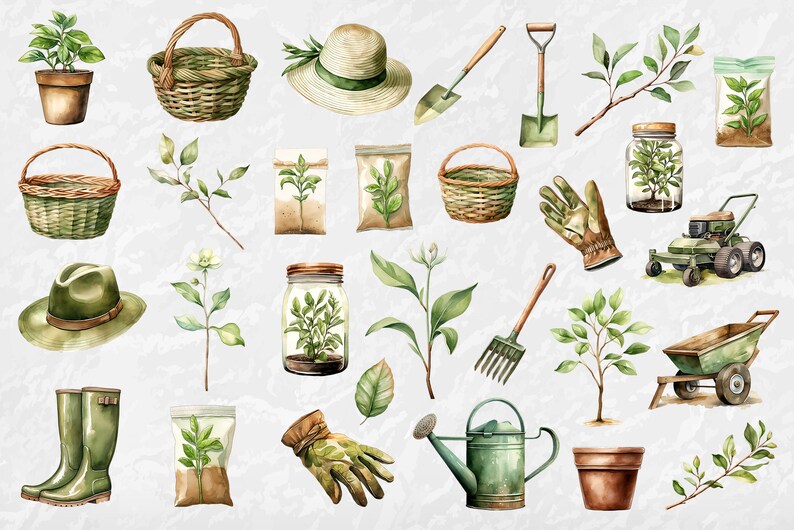 Garden Watercolor Clipart, Gardening, Herb Garden, Potted Plants - Etsy