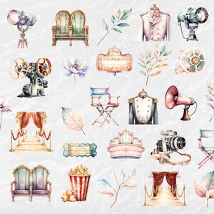 Cinema Watercolor Clipart, Movie, Film, Popcorn, Theater, Hollywood ...