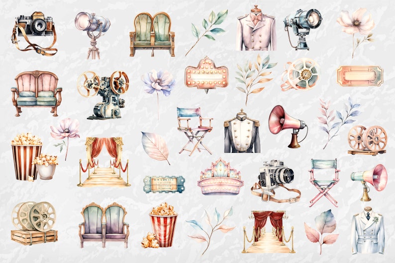Cinema Watercolor Clipart, Movie, Film, Popcorn, Theater, Hollywood ...