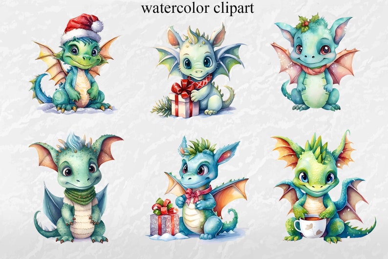 Christmas Dragon Watercolor Clipart Set - Etsy