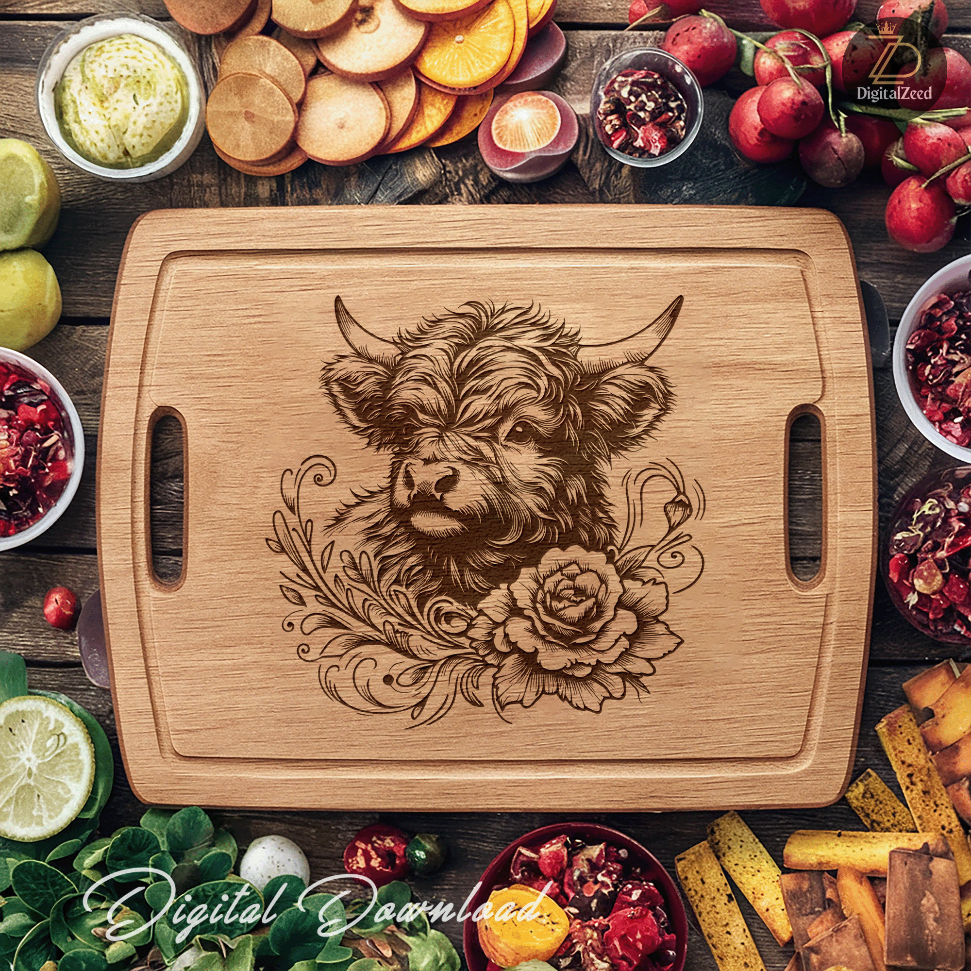 Highland Cow Floral Laser Cut File: Engraving SVG, PNG (digital ...