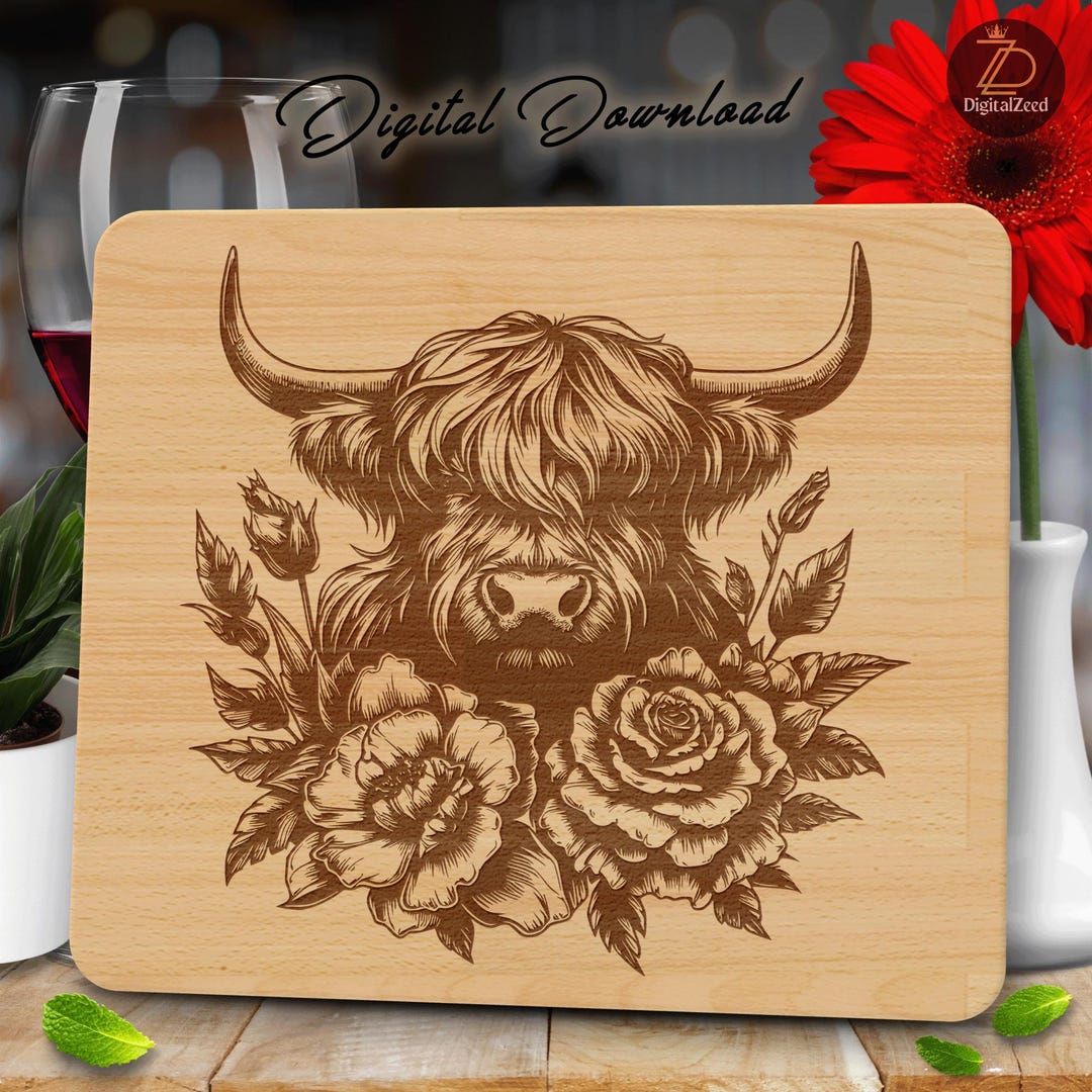 Floral Highland Cow SVG: Laser Cut File, Engraving Design (digital ...