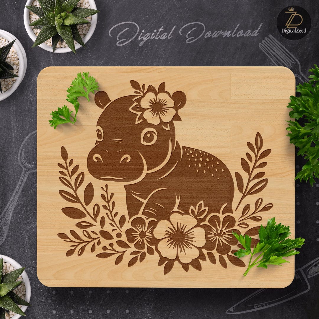 Floral Baby Hippo SVG: Laser Cut Files, Charcuterie Board Design ...