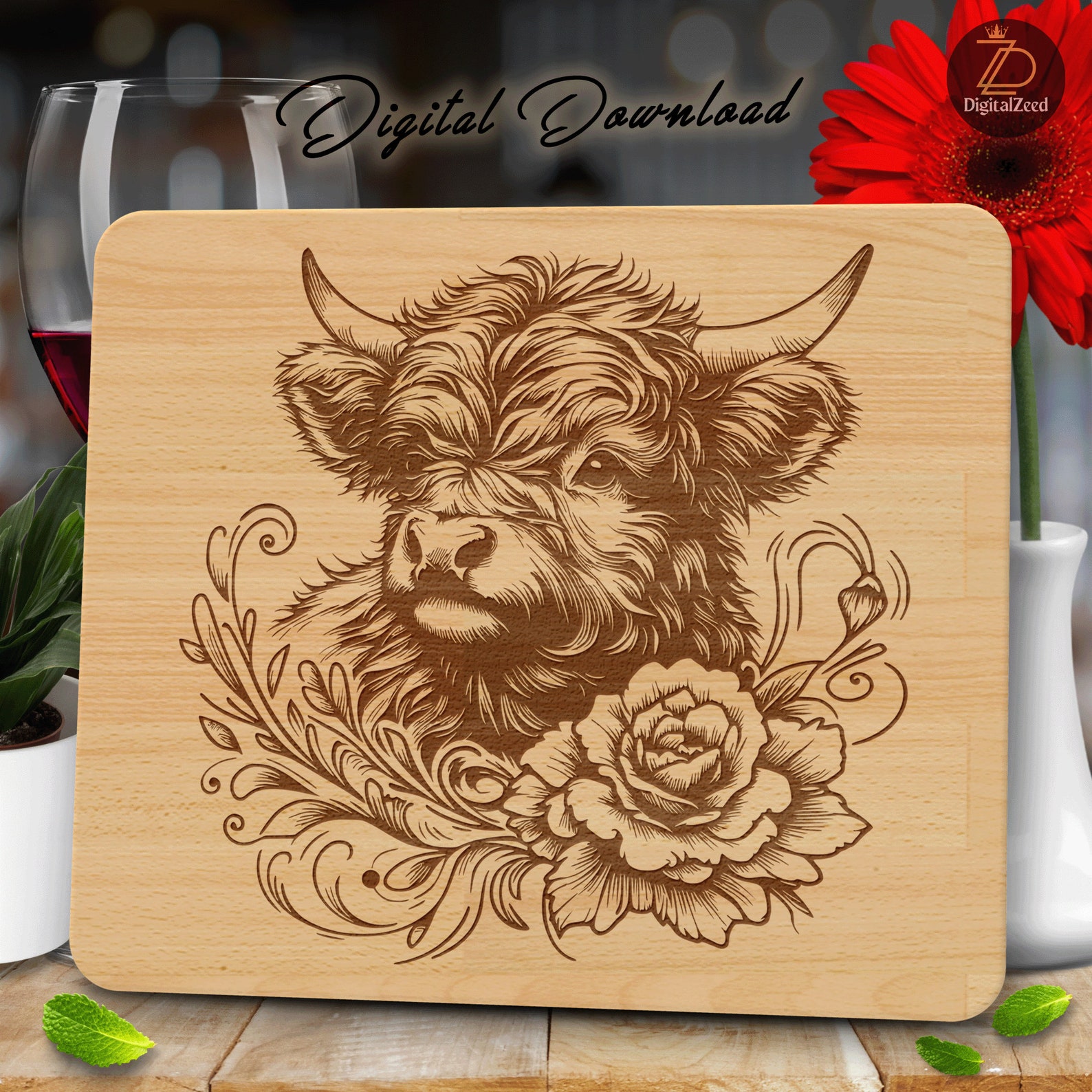 Highland Cow Floral SVG, Laser Engraving Cut Files, Cow Charcuterie ...