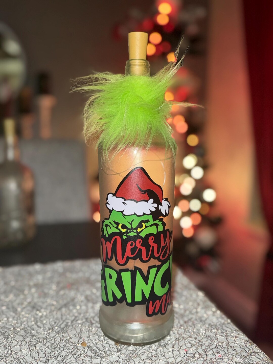 Merry Grinchmas Wine Bottle Decor With LED Lights and Grinch Fur ...