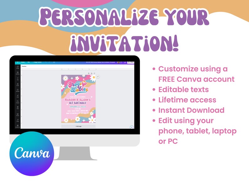 EDITABLE Twin Birthday Invitation Set Canva Template Groovy Retro 70s ...