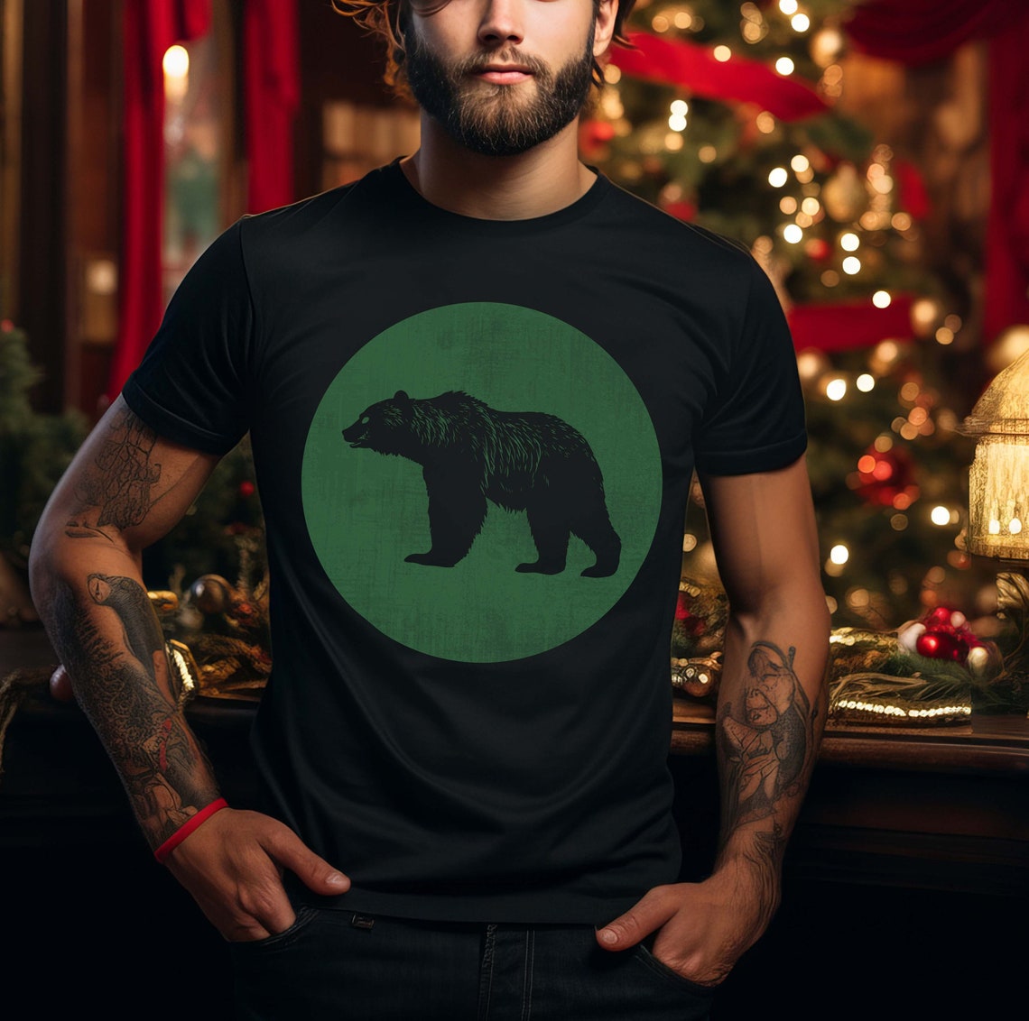 Grunge Bear in Green Circle. T-shirt Unisex Softstyle. Gift for Wild ...