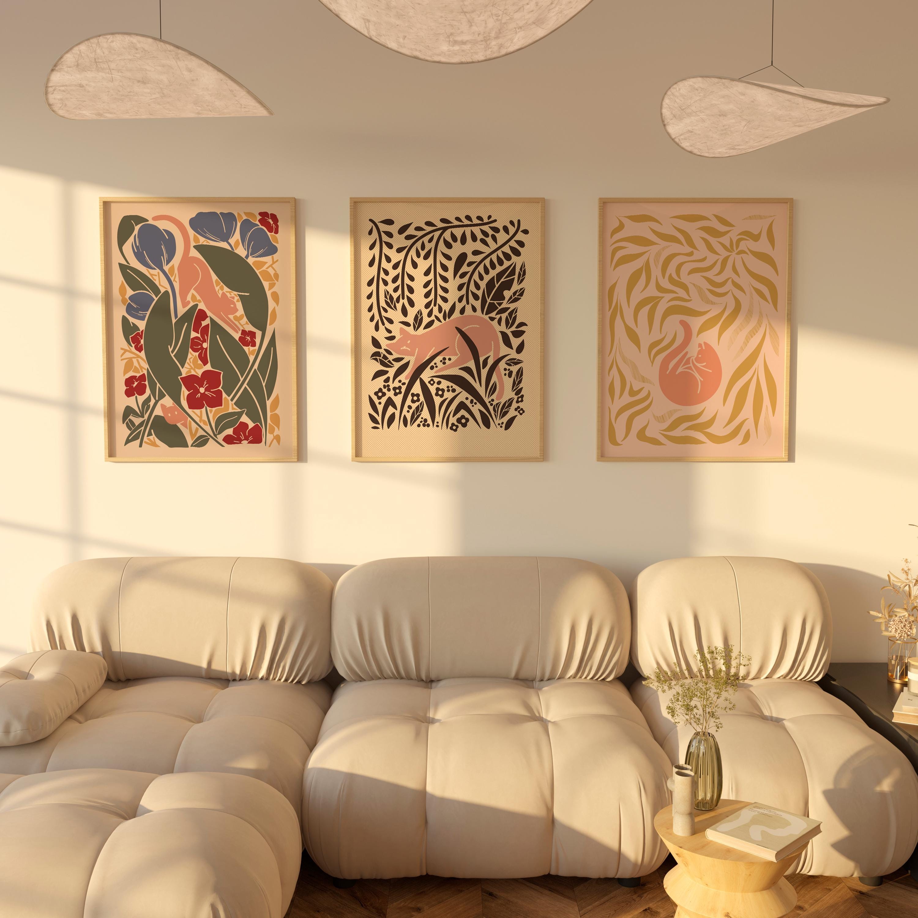 Boho Playful Cute Cats With Flowers Printable Art - Set of 3 Prints. - Etsy