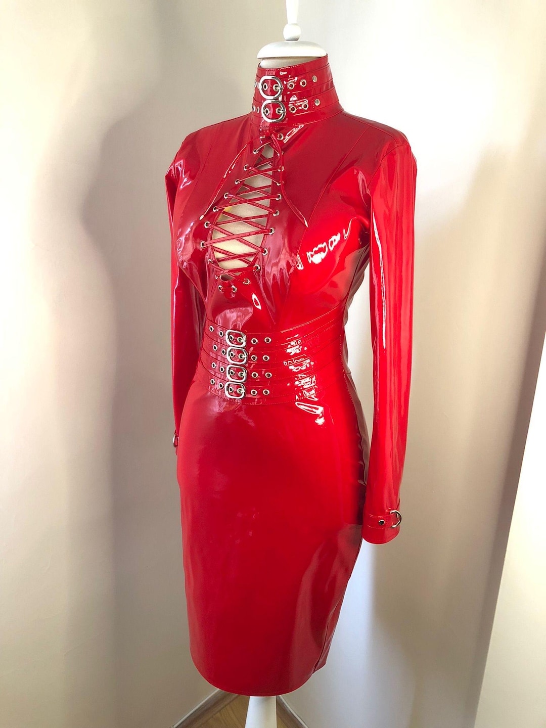 Handmade Red PVC Dress: Buckled Collar, Lace-up Corset - Etsy