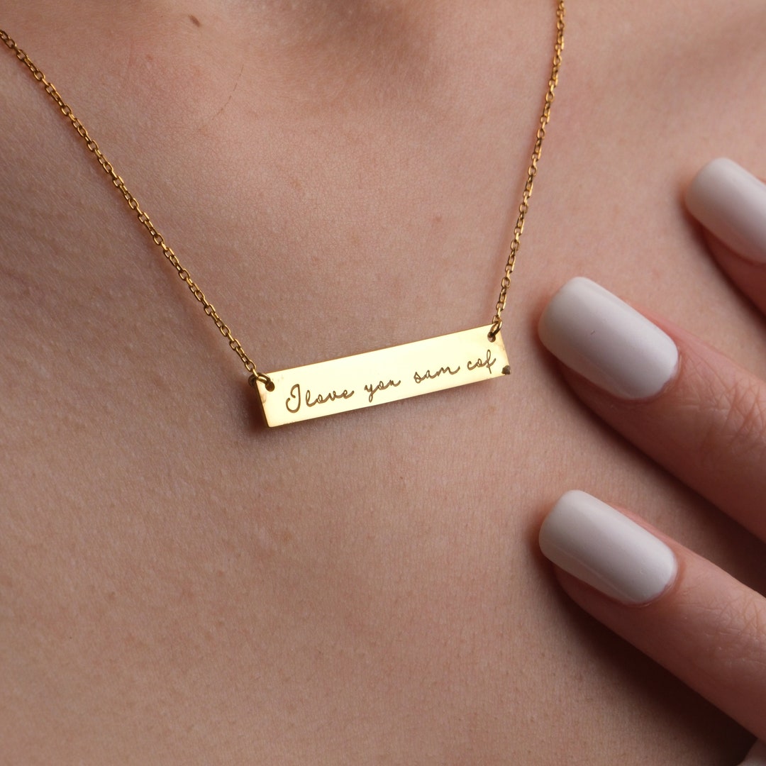 14K Gold Bar Name Necklace, Gold Rectangle Bar Pendant, Custom Engraved ...