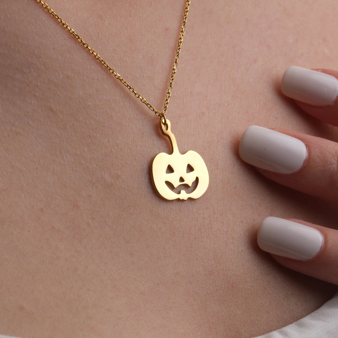 14K Gold Pumpkin Necklace, Gold Halloween Necklace, Pumpkin Pendant ...