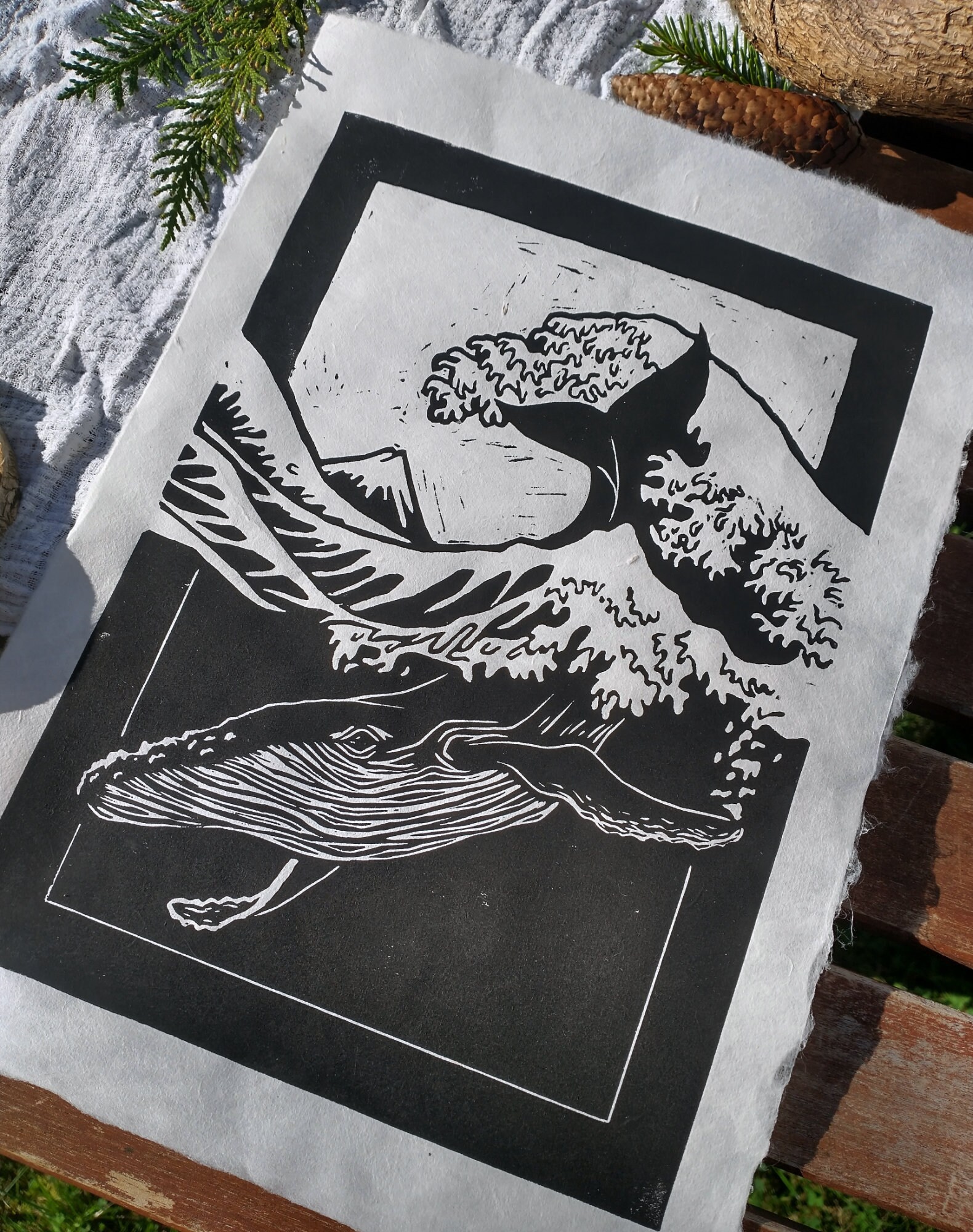 Whale Great Wave Handmade Lino Print Hokusai Inspired Lino Print Black ...