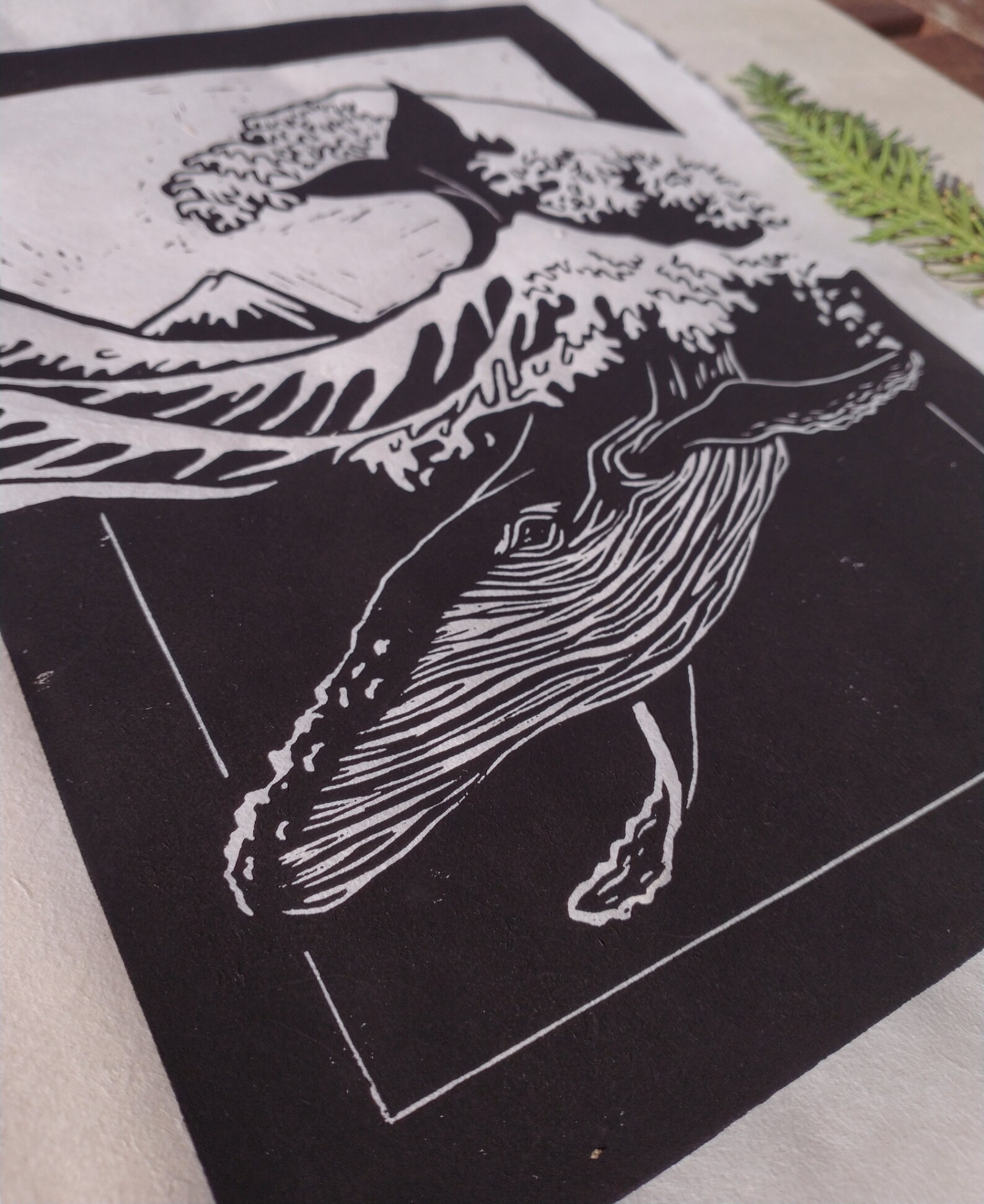Whale Great Wave Handmade Lino Print Hokusai Inspired Lino - Etsy