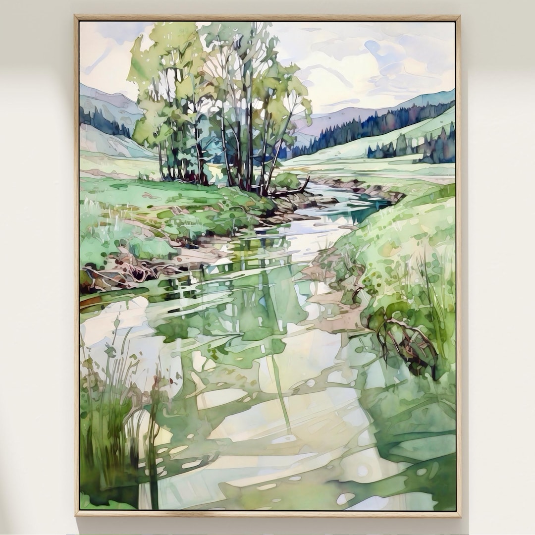 Watercolor Landscape Painting Art Print Green Heels Wall Art Panoramic ...