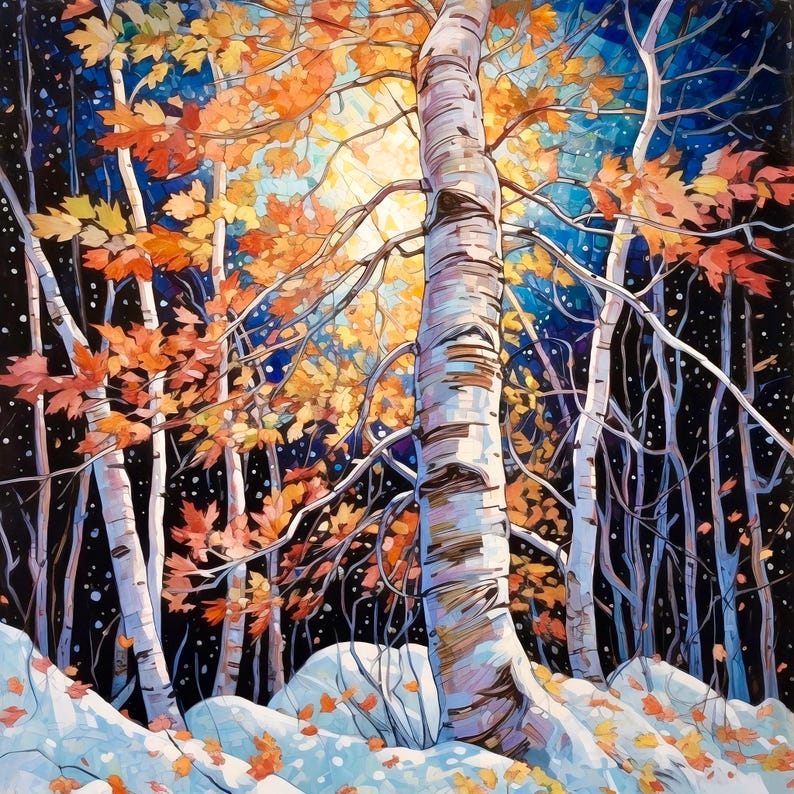 Watercolor Birch Forest Art Print: Snowy Night Landscape - Etsy