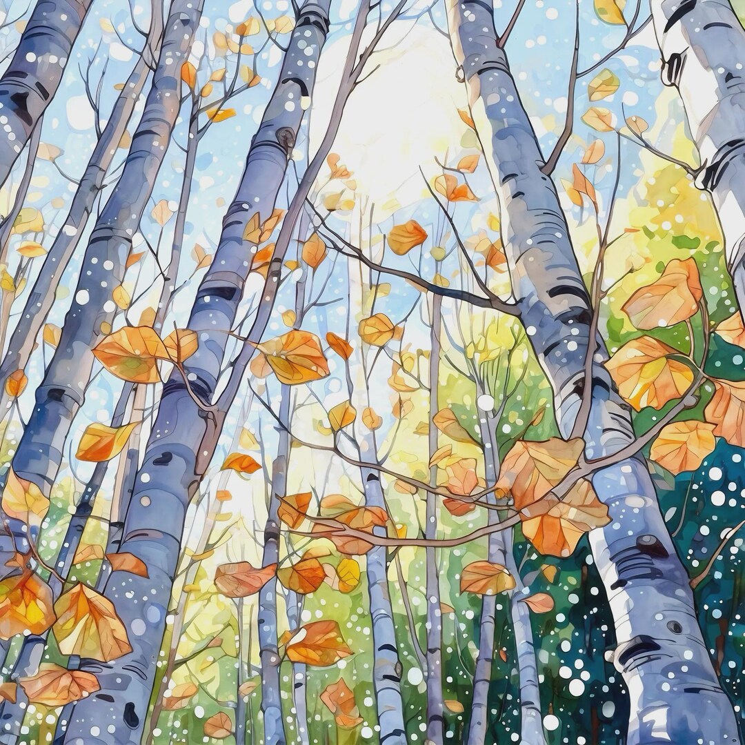Watercolor Aspen Trees Autumn Wall Art Print, Fall Forest Landscape ...