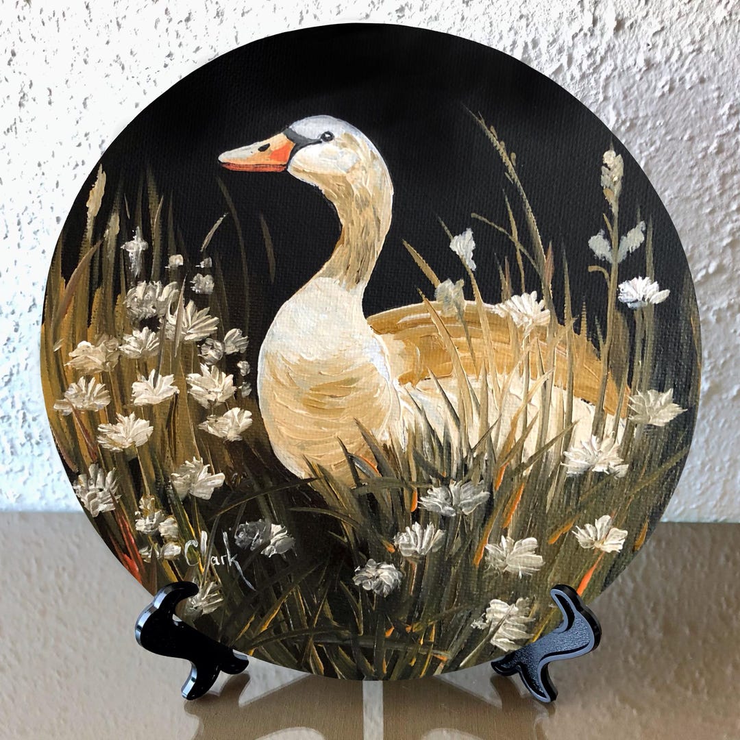 Hand-painted Goose Oil Painting on Round Canvas Panel | Black ...
