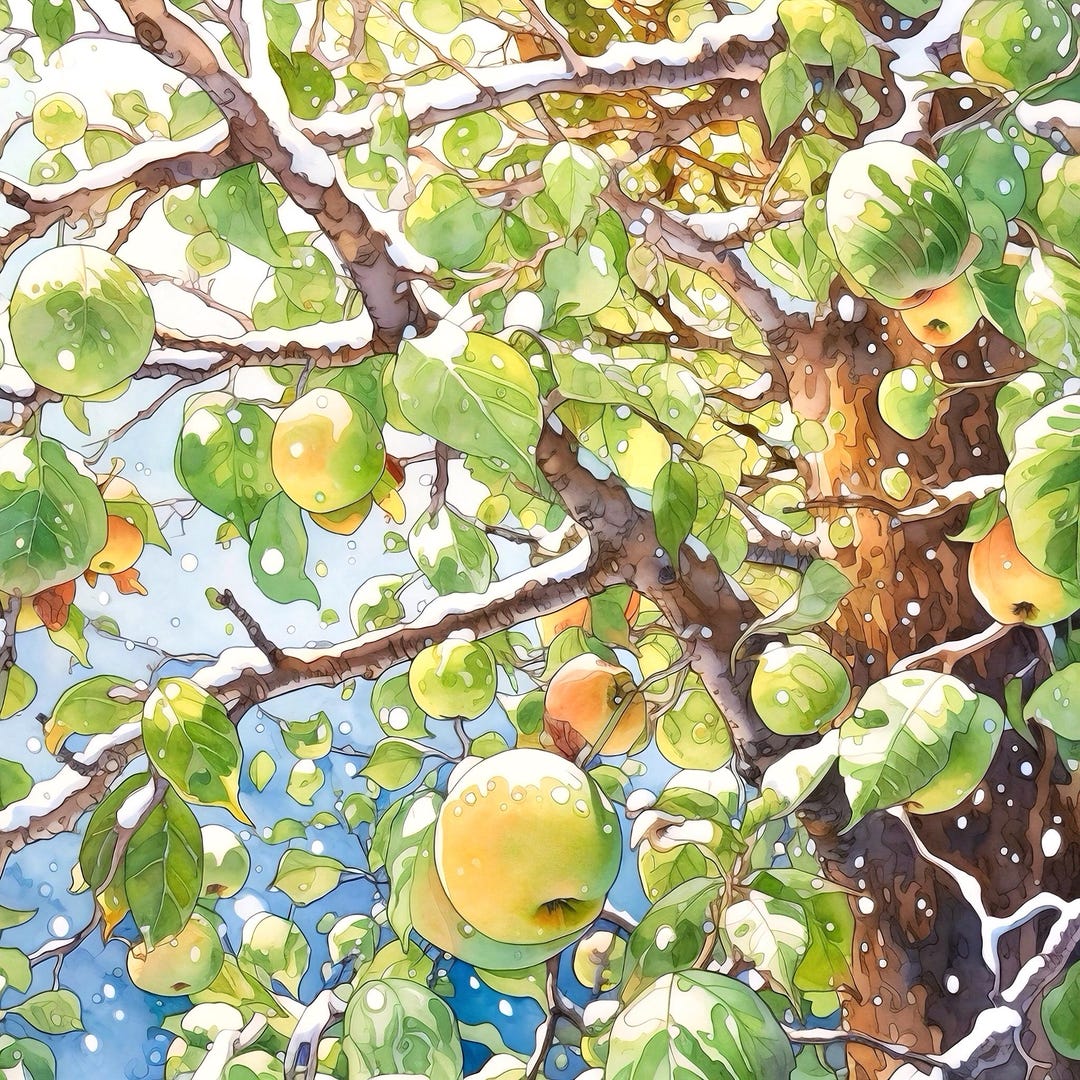Apple Tree Under Snow Watercolor Painting Art Print, Rustic Farmhouse ...