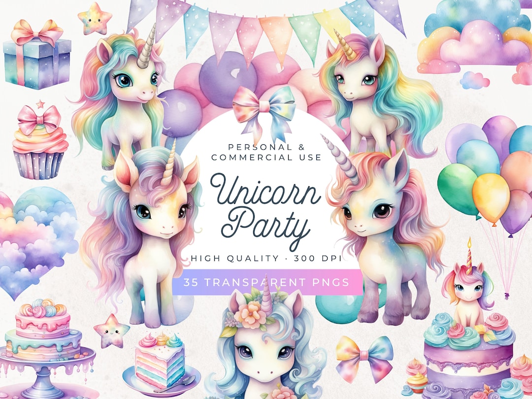 Pastel Unicorn Rainbow Clipart, Watercolor Unicorn Party, Kawaii ...