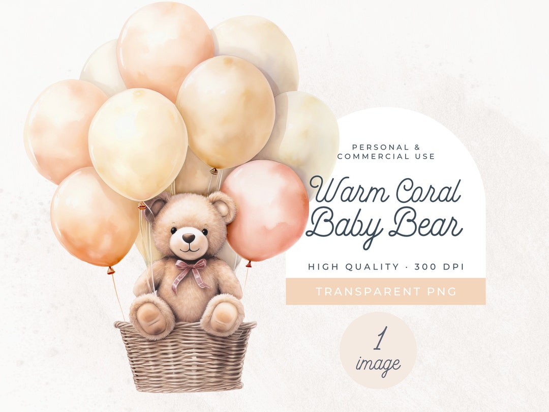 Warm Coral Teddy Bear Balloons, SINGLE IMAGE, Light Orange Clipart PNG ...
