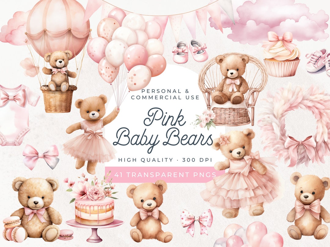 Pink Baby Bear Watercolor Clipart, Pink Boho Baby Girl Shower, Teddy Bear Balloons Clipart, We ...