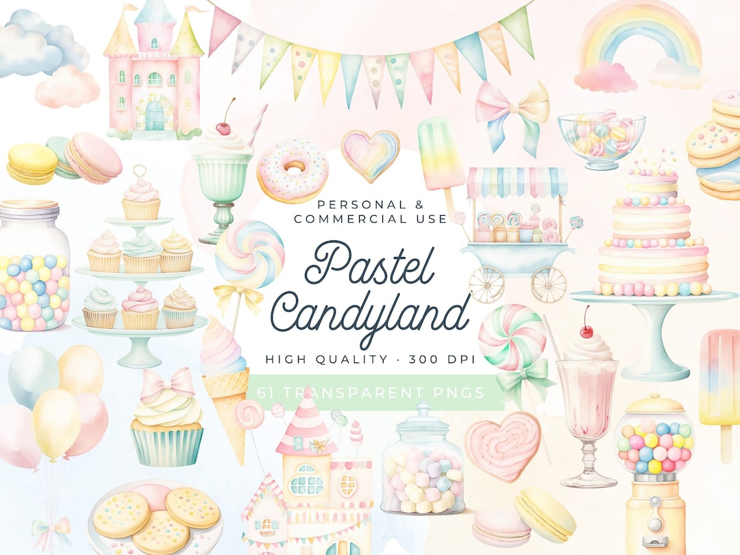 Pastel Candyland Clipart Set, Watercolor Sweets Clipart, Cake Pop ...