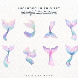 Watercolor Mermaid Tail Clipart, Pastel Purple Pink Clip Art, Gold ...