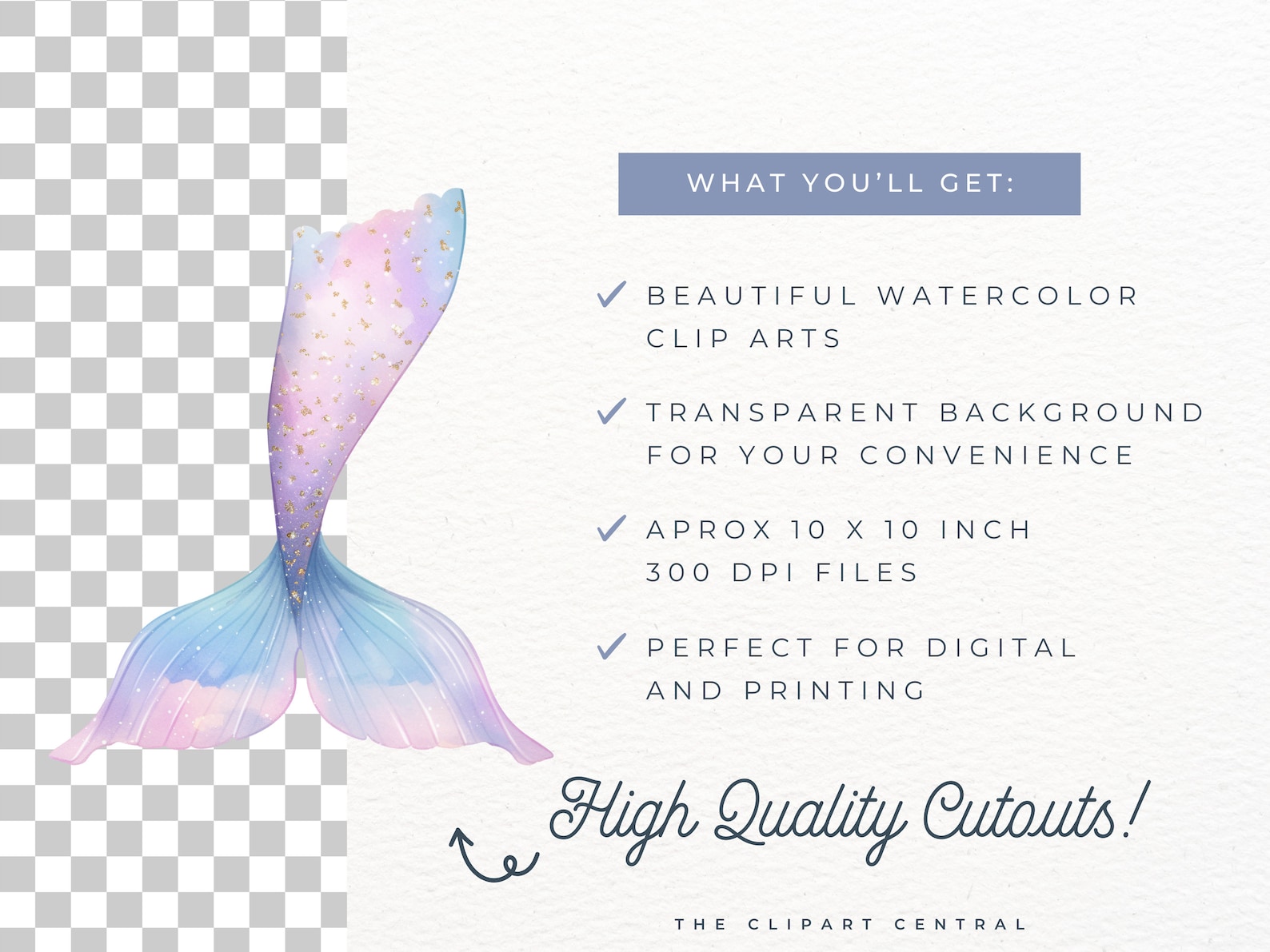 Watercolor Mermaid Tail Clipart, Pastel Purple Pink Clip Art, Gold ...