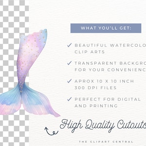 Watercolor Mermaid Tail Clipart, Pastel Purple Pink Clip Art, Gold ...