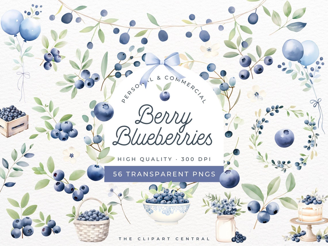 Watercolor Blueberry Clipart, Blueberries PNG, Blueberry Baby Shower ...