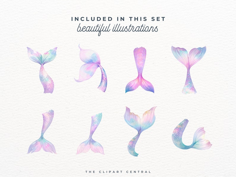 Watercolor Mermaid Tail Clipart, Pastel Purple Pink Clip Art, Gold ...