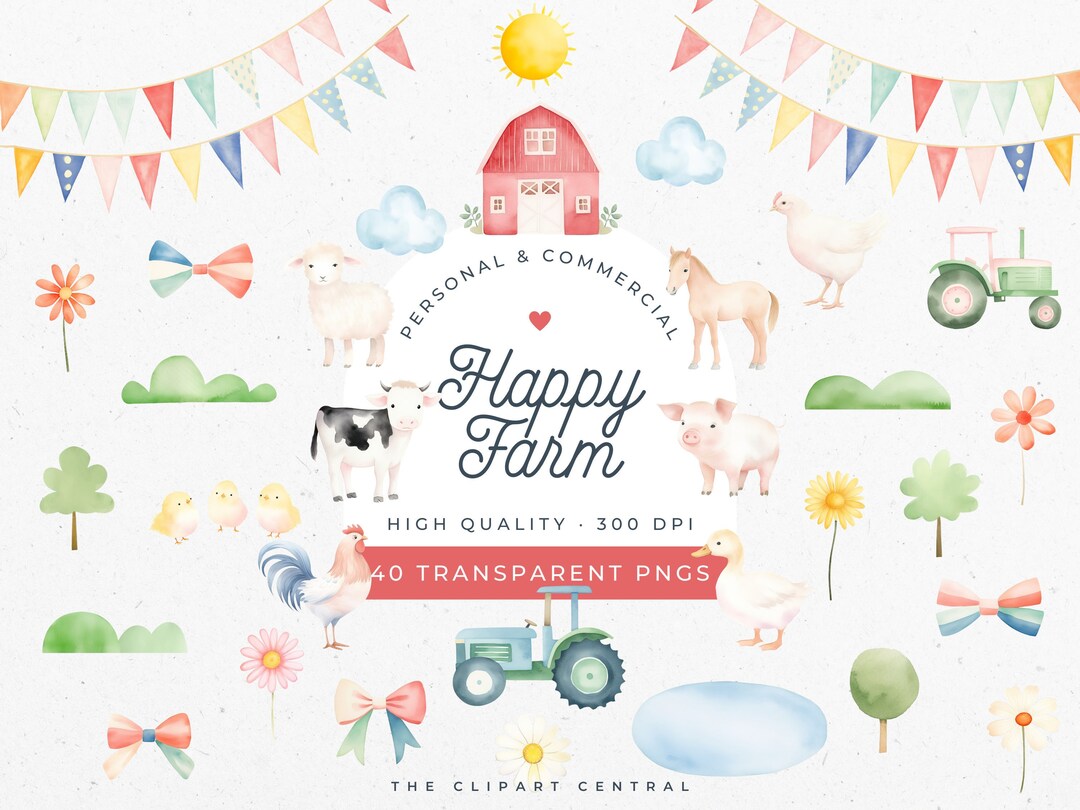 Watercolor Happy Farm Clipart, Cute Barn PNG Digital Illustration ...