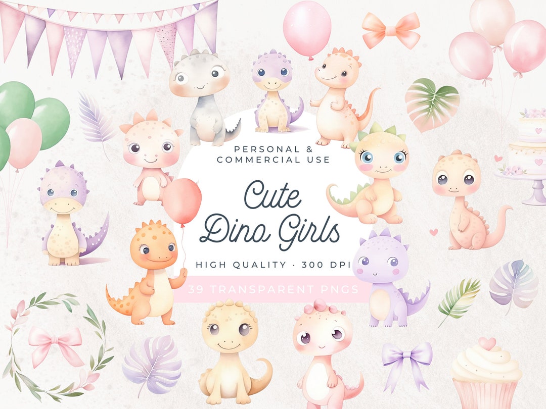 Pink and Purple Dinos PNG, Cute Pastel Watercolor Girly Dinosaur Themed ...