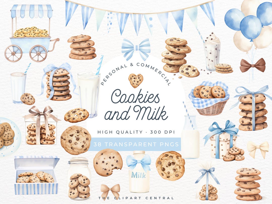 Milk and Cookies Clipart, Cookies and Milk Watercolors, Chocolate Chip ...