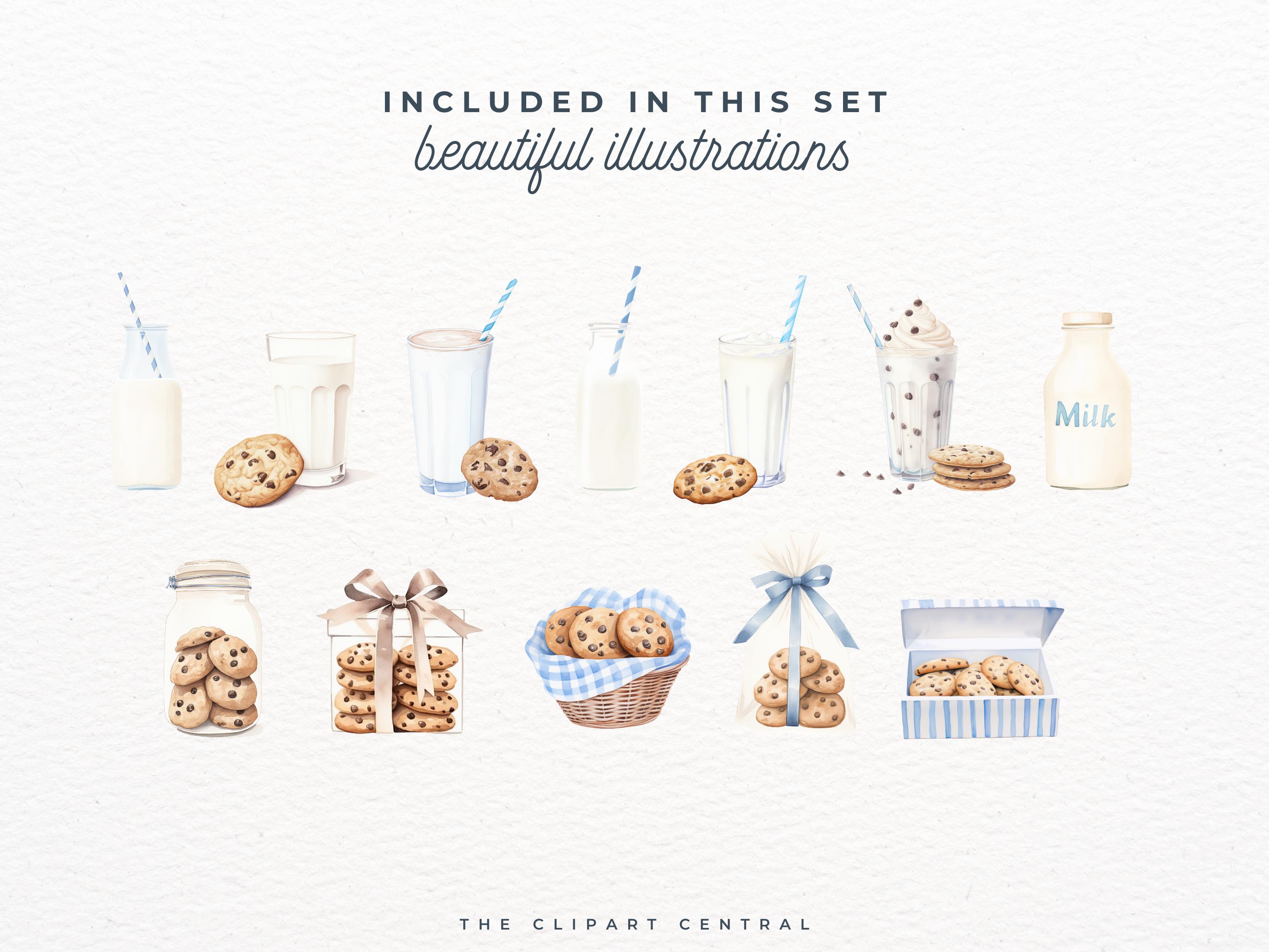 Milk and Cookies Clipart, Cookies and Milk Watercolors, Chocolate Chip ...