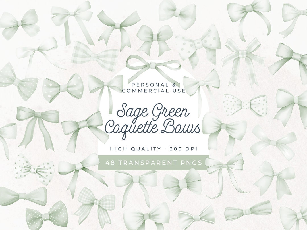Sage Green Coquette Bow Set, Pastel Watercolor Ribbons Clipart, Cute ...