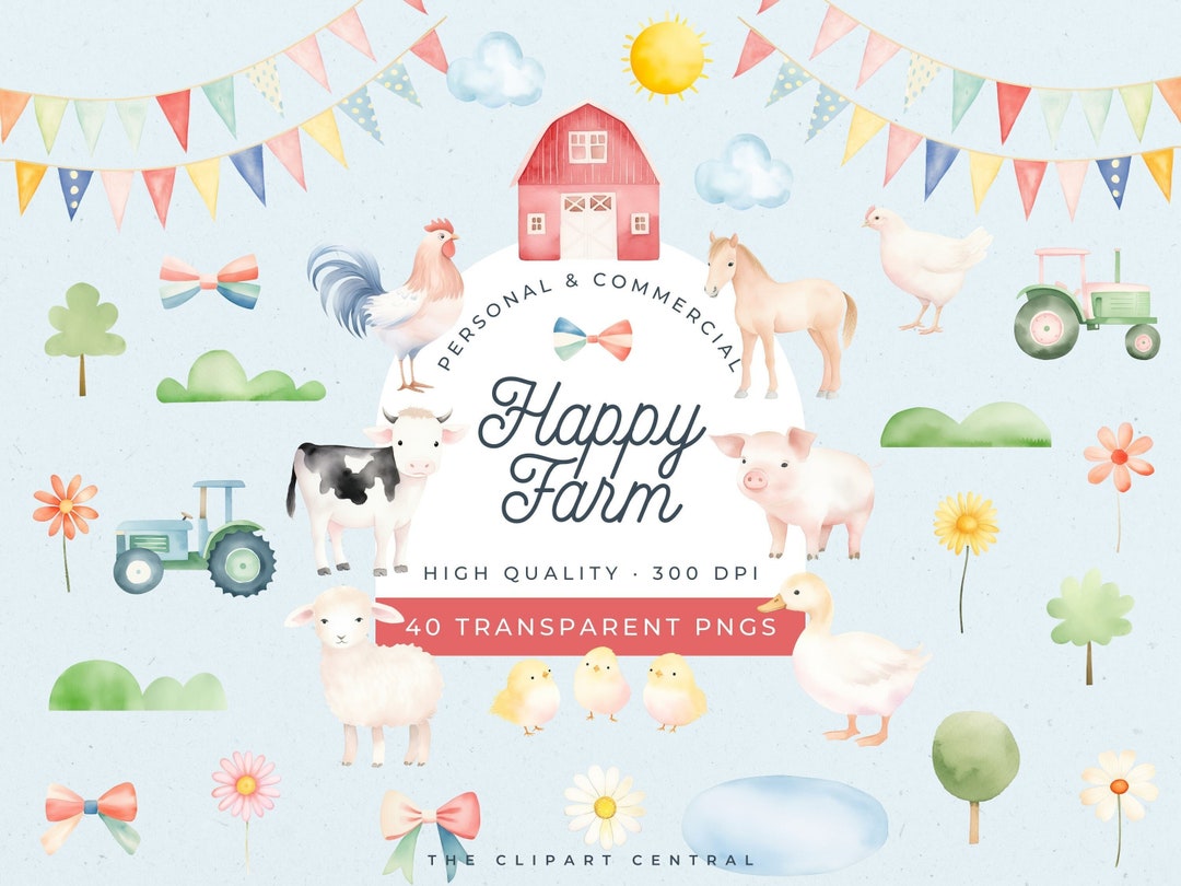 Watercolor Happy Farm Clipart, Cute Barn PNG Digital Illustration ...