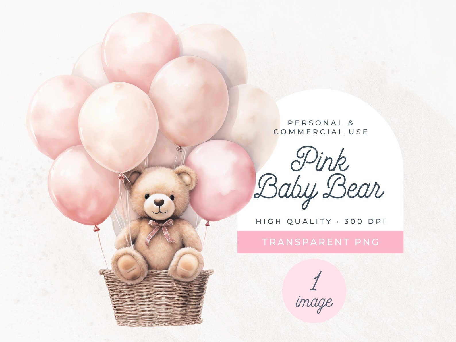 Pink Teddy Bear Watercolor Clipart, SINGLE IMAGE, Teddy Bear Balloon ...
